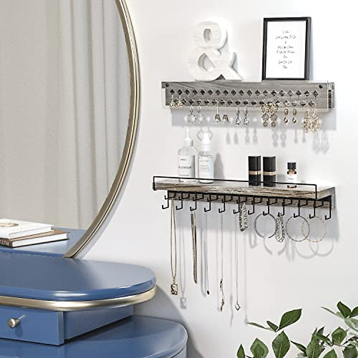 J JACKCUBE DESIGN Wall Mount Necklace Holder Jewelry Hanger with 23 Hook Necklace & Bracelet Racks, Rustic Farmhouse Wood Earring Display with Clear Acrylic - MK585A