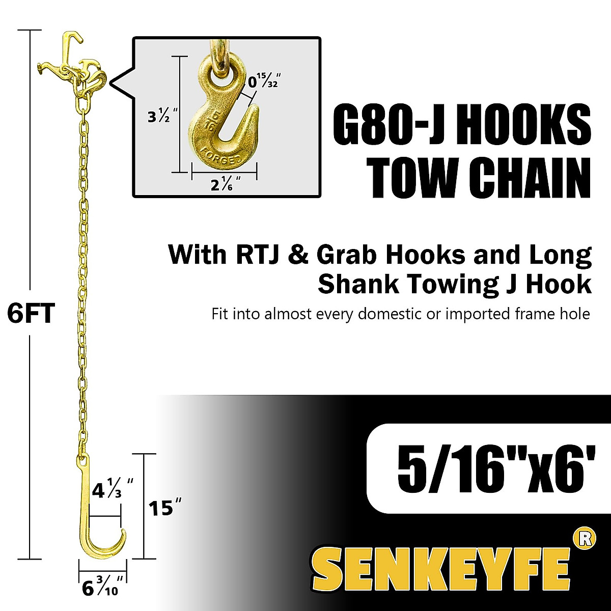 SENKEYFE 2PCS G80 j Hooks Tow Chain, 5/16"x6' Recovery Tow Hooks Chain 15IN J Hook w/RTJ & Grab Hook, 18800LBS Tow Truck Accessories J Hooks, Bridle Tow Transport Chain, Wrecker Towing Truck Equipment
