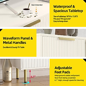 Furniwood TV Stand for 65+ Inch TV, Mid Century Modern TV Stand for Bedroom, TV Entertainment Center with Storage Cabinets, TV Consoles for Living Room, White