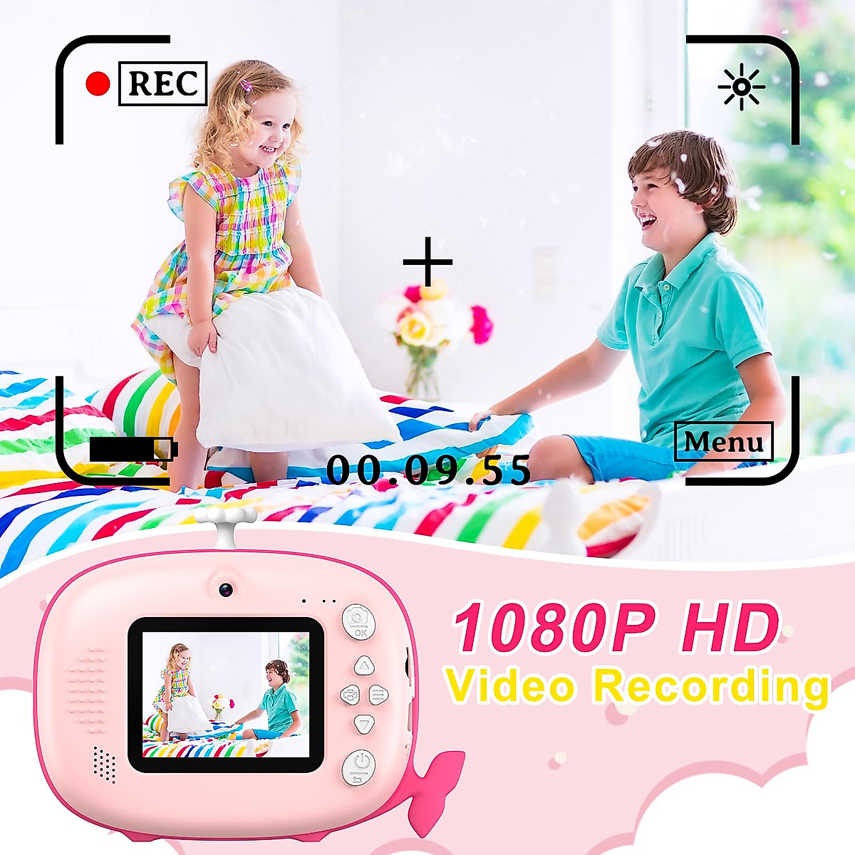 Instant Print Camera for Kids, USHINING Kids Instant Cameras Ink Free Printing Selfie Digital Camera for Kids Aged 3-12,1080P Video Camera with 2.4" Screen,SD Card,Color Pens,Papers,Lanyard (Pink)