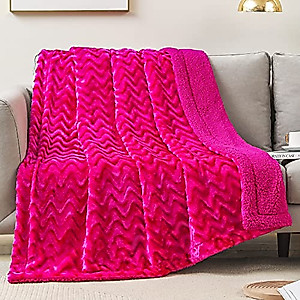 Whale Flotilla Faux Fur Throw Blanket for Couch Sofa Bed, Plush Reversible Fuzzy Sherpa Throw Blanket for All Season, Warm and Soft, 50x60 Inch, Hot Pink