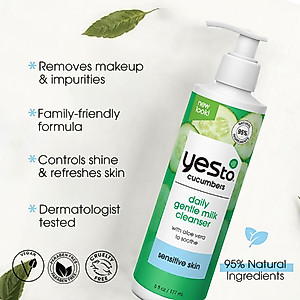 Yes To Cucumbers Daily Gentle Milk Cleanser, Soothing Face Wash That Won't Strip Your Skin & Holds Moisture, With Cucumber Extract, Soy Proteins & Green Tea, Natural, Vegan & Cruelty Free, 6 Fl Oz