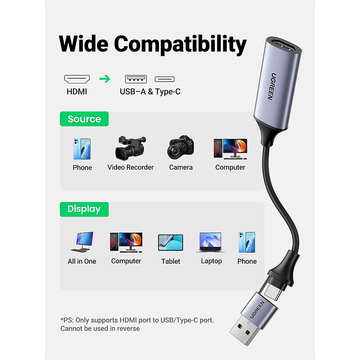 UGREEN 4K Micro HDMI to HDMI Cable 6.6FT Bundle with Video Capture Card 4K HDMI to USB-A/USB-C