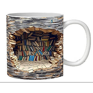 3D Bookshelf Mug - A Library Shelf Cup, Library Bookshelf Mug, Book Lovers Coffee Mug, Creative Space Design Multi-Purpose Ceramic Mug, Cool Gifts for Readers Bookish 3D White Mug (B)