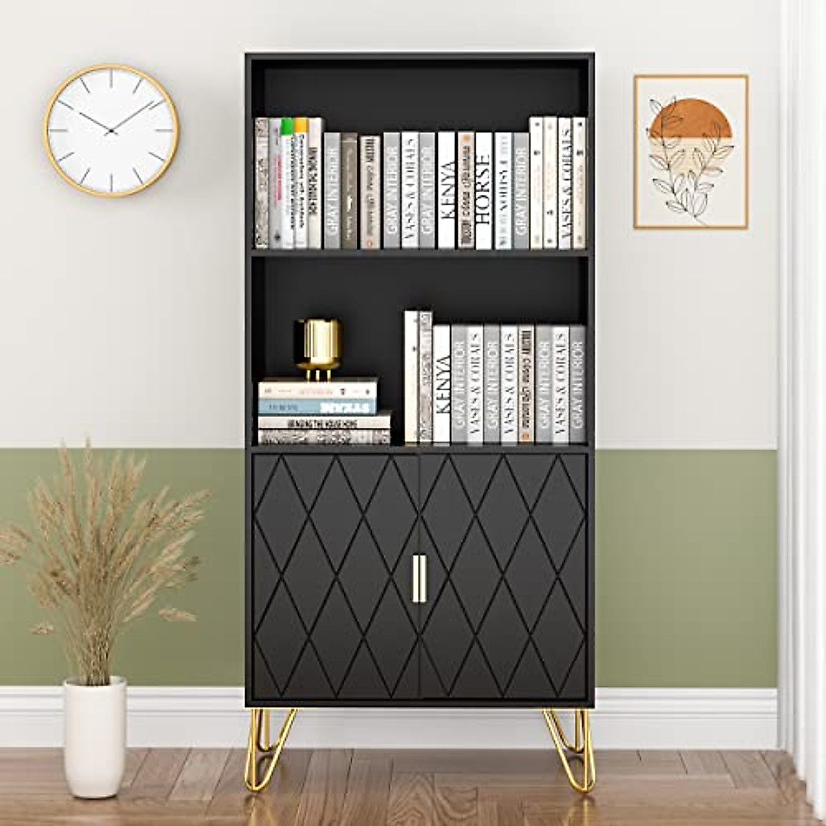 Anbuy Black Open Shelf Bookcase with Doors, Floor Standing Display Cabinet Rack with Gold Legs, Wooden Bookshelf for Home Decor Furniture for Home, Office, Living Room, Bedroom