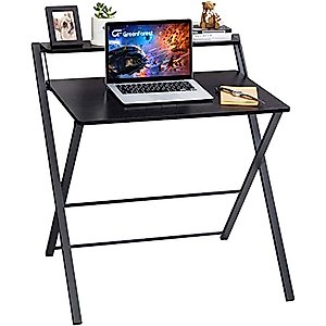 GreenForest Folding Desk No Assembly Required Small Size, 2-Tier Foldable Computer Desk with Shelf for Home Office, Space Saving Portable Laptop Study Foldable Table for Small Spaces, Black