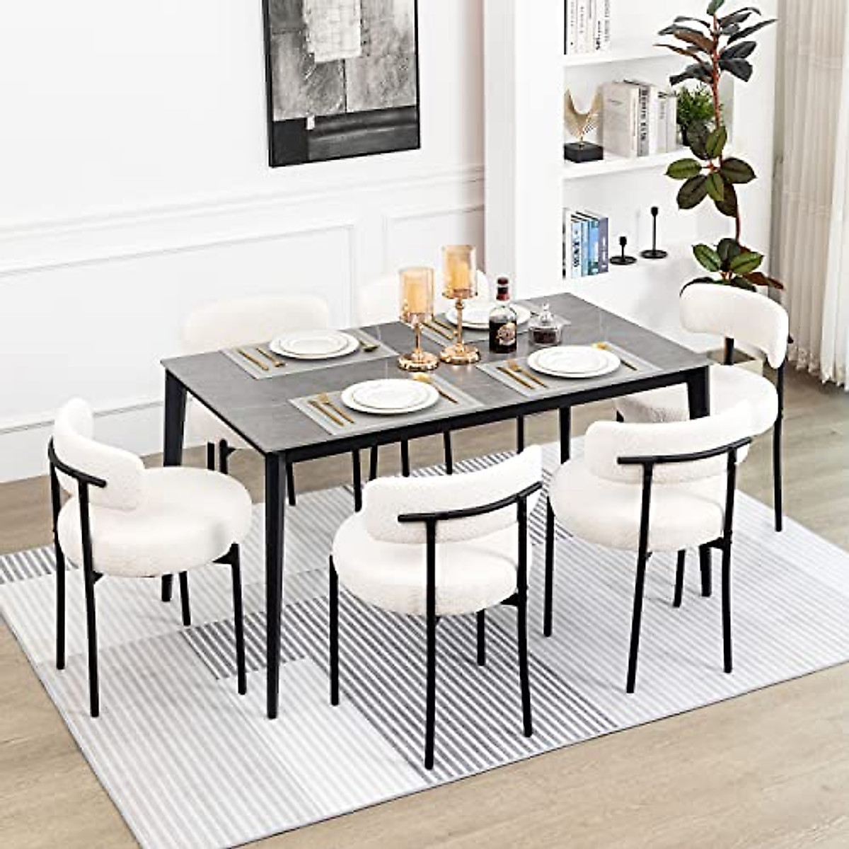 DYHOME Dining Chairs Set of 6, White Boucle Dining Room Chairs with Curved Backrest, Upholstered Mid Century Modern Dining Chairs with Black Metal Legs