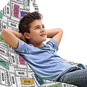 Lunarable Music Lounger Chair Bag, Colorful Retro Audio Cassette Pattern Retro Nineties and Eighties Illustration, High Capacity Storage with Handle Container, Lounger Size, Multicolor