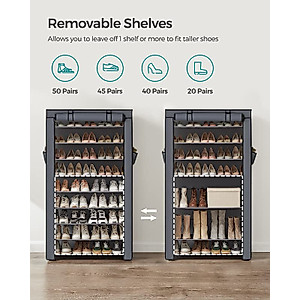 SONGMICS Shoe Rack, 9 Tier Shoe Organizer with Nonwoven Fabric Cover, Shoe Storage Shelf for 40-50 Pairs of Shoes, Entryway, Suitable for Sneakers, High Heels, Flats, and Boots, Grey URXJ36G
