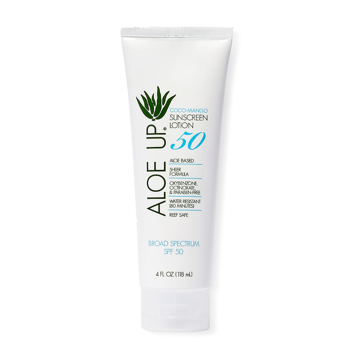 Aloe Up White Collection Sunscreen Lotion SPF 50 - Broad Spectrum UVA/UVB Sunscreen Protector for Face and Body - With Aloe Vera Gel - Alcohol-Free - Reef Friendly - Coco-Mango Fragrance - 4 Oz
