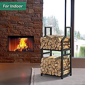 Small Firewood Rack Holder for Indoor Fireplace, 2-Tier Fire Wood Log Storage Rack Stacker Stand, Strong and Durable for Outdoor Patio, Fire Pit, Stove, Black
