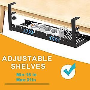 Under Desk Cable Management Tray, Adjustable Cord Organizer for Desk, Sturdy Wire Management Under Desk, Cable Organizer for Office and Home Standing Desk Retractable Design No Drills,Black
