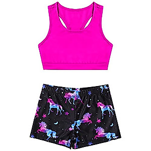 MSemis Girls' Kids 2-Piece Active Set Dance Sport Outfits Racer Back Top and Booty Short Gymnastics Dancing Clothes Night Horse 7-8