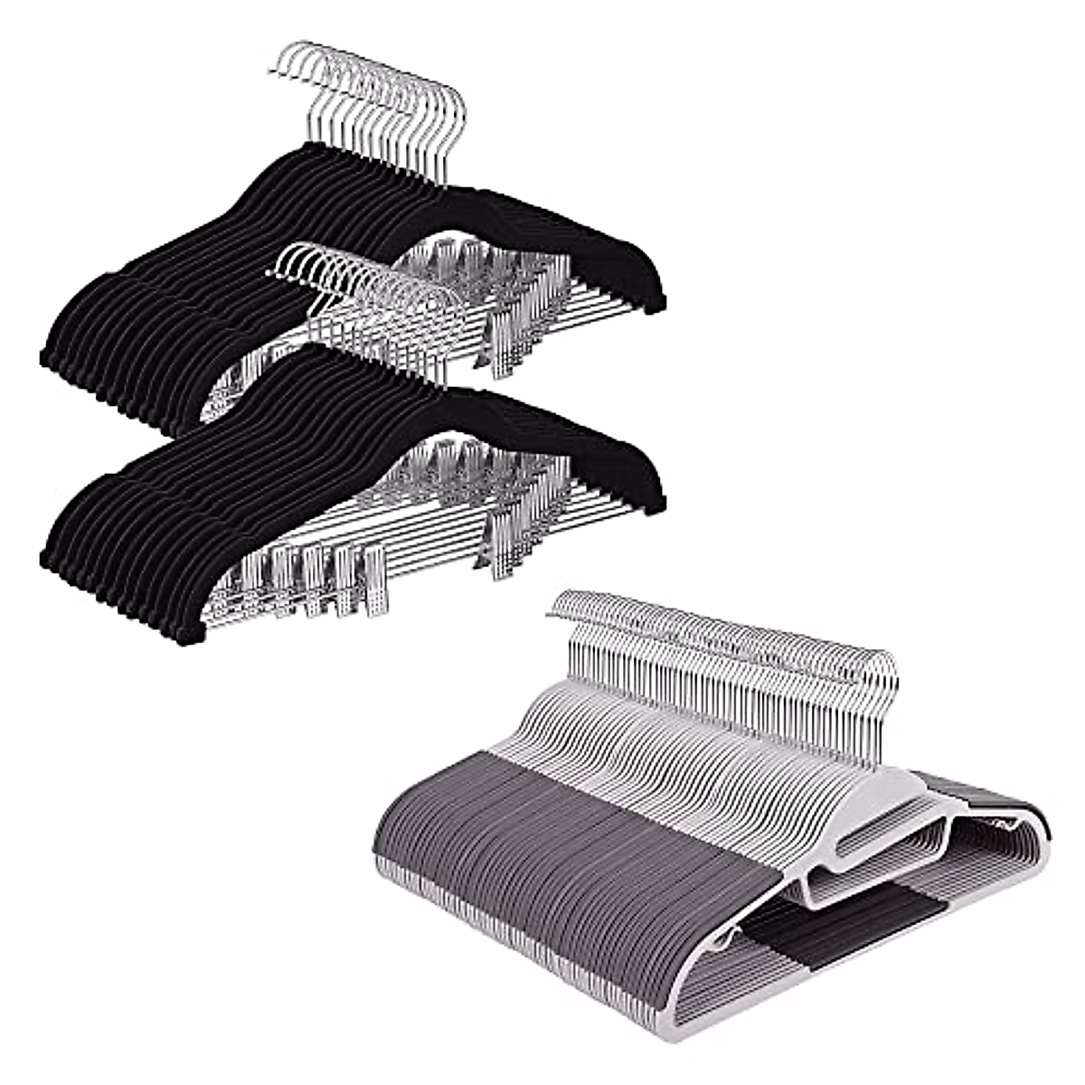 SONGMICS Set of 50 Coat Hangers and 30 Pants Hangers Bundle, Non-Slip Adjustable Metal Clips, Quality Plastic Hangers, Space-Saving, Durable, Pants, Light and Dark Gray, Black UCRP41G-50 and UCRF12B30