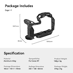 SmallRig R7 Cage for Canon R7, Aluminum Alloy R7 cage with Quick Release Plate for Arca Stand, Cold Shoe, NATO Rail and Threaded Holes, Formfitting Camera Cage Video Rig for Canon R7-4003
