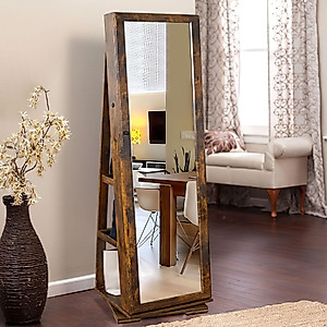 sogesfurniture Lockable Floor Standing Wooden Jewelry Armoire with Full Length Mirror 360°Rotatable Jewelry Organizer Cabinet Lockable with Storage Shelf, Rustic Brown,BHUS-QH-7021C-FG