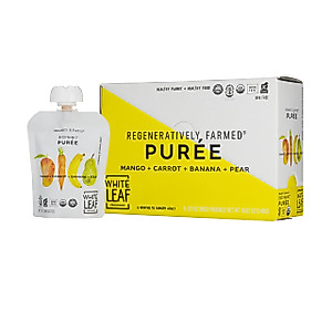 White Leaf Provisions Biodynamic & Organic Baby Food Pouches - USDA, GMO & BPA Free Squeezable Toddler Snacks - 24 x 90 grams (24 Pouches, Mango + Carrot + Banana + Pear)