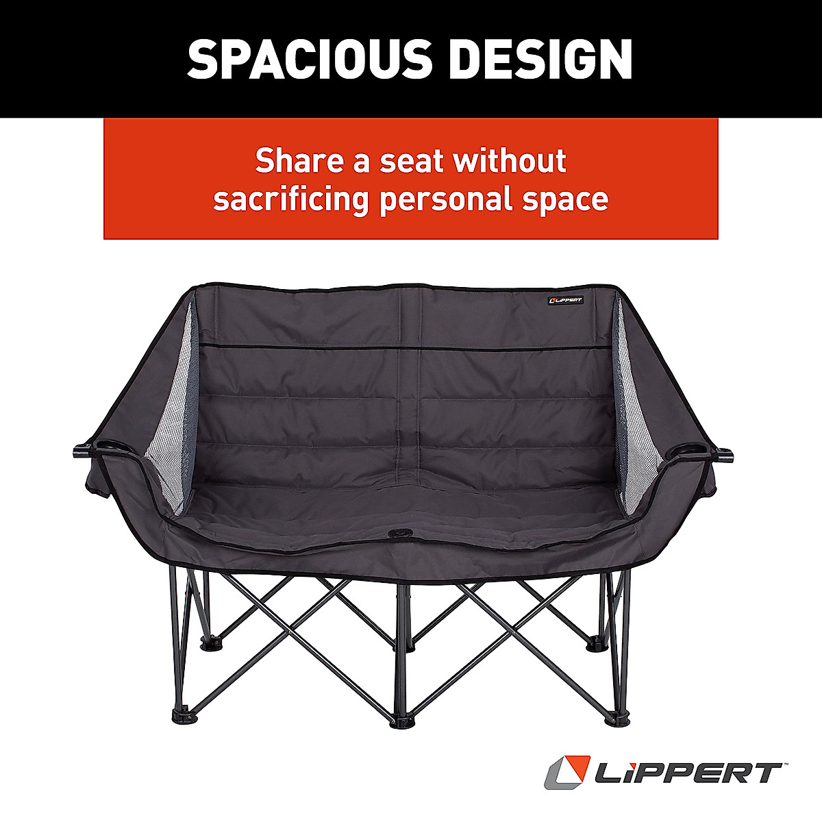 Lippert Folding Padded loveseat for Camping with Carry Bag Dark Grey