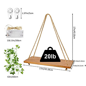CLQ Artificial Ivy LED-Strip Wall Hanging Shelves, Hanging Plant Shelf, Macrame Wall Hanging Shelf for Bedroom Bathroom Living Room Kitchen, Wood Hanging Plant Shelves for Wall Decor