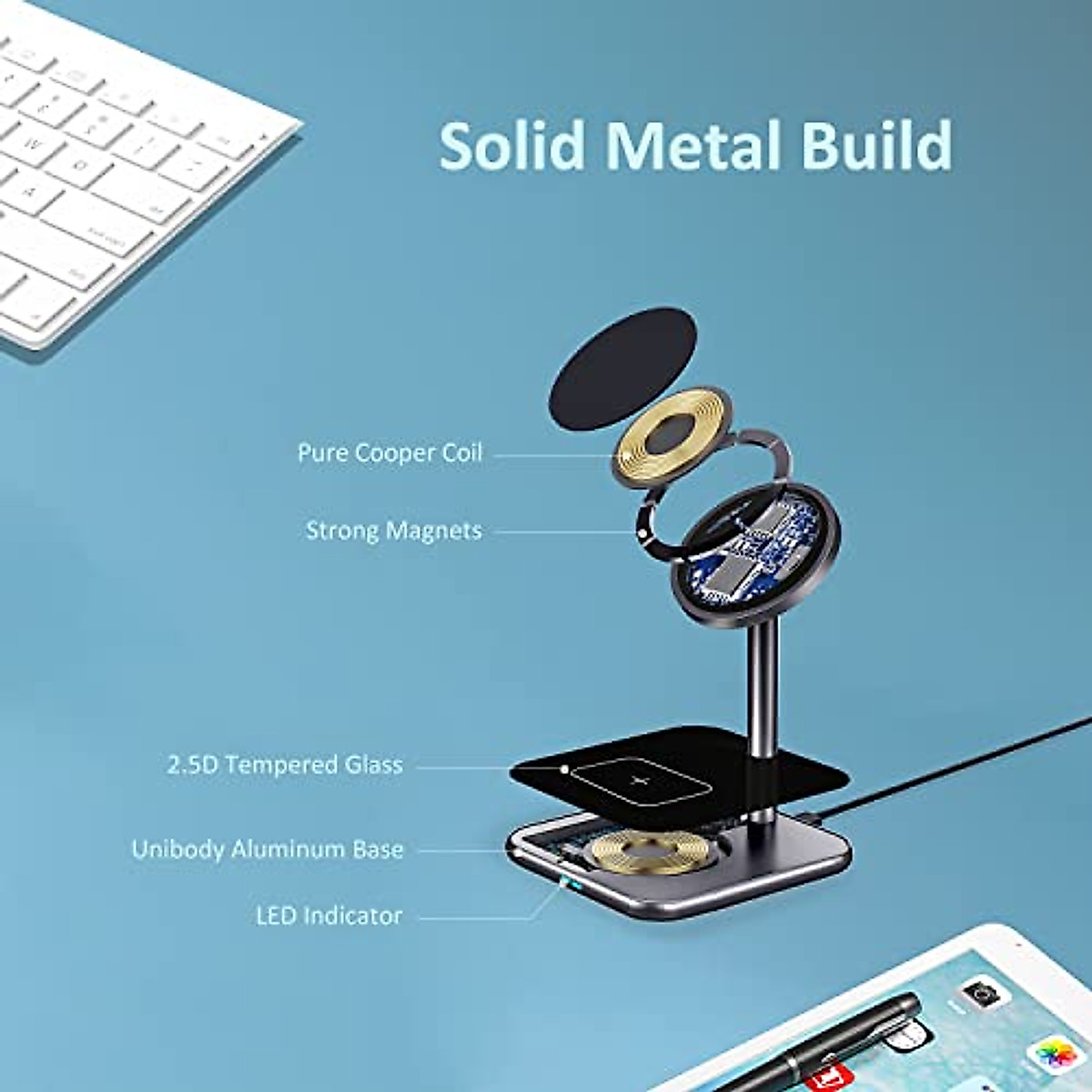 Aluminum 2 in 1 Magnetic Wireless Charger, Neluxfe Fast Charging Station Compatible with MagSafe Stand for iPhone 14, 13, 12, Pro Max and AirPods Pro (Black)