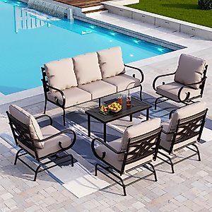 PHI VILLA Metal Patio Outdoor Furniture Sets,Large Heavy Duty Patio Conversation Sets for Backyard, Porch and Garden（Beige, 6 pcs w/Table）