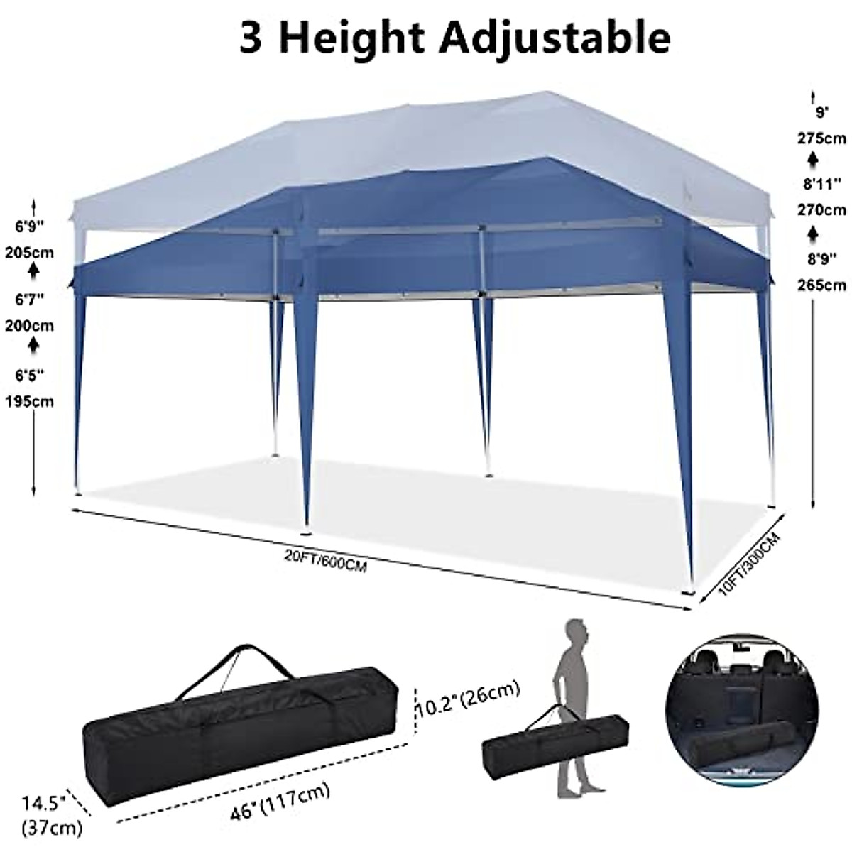 COBIZI Pop up Canopy Tent 10x20 Commercial Canopy Waterproof 10x20 Outdoor Gazebo Beach Camping Canopy with 6 Sidewalls Tent for Party with Carry Bag (Blue, 10'x20' with 6 Sides)