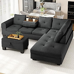 AWQM Modular Sectional Sofa with Ottoman, Fabric L-Shaped Couch with Chaise & Cup Holders, Living Room Furniture Sets Sectional Sofa Set, 6 Seat Corner Couch Sofa for Living Room, Apartment