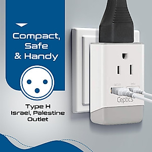 Ceptics Israel Travel Adapter 2 Pack Set, QC 3.0 & PD, Safe Dual USB & USB-C - 2 USA Socket Compact & Powerful - Use in Palestine, Gaza Strip - Type H - AP-14 - Fast Charging (AP-14-2PK)