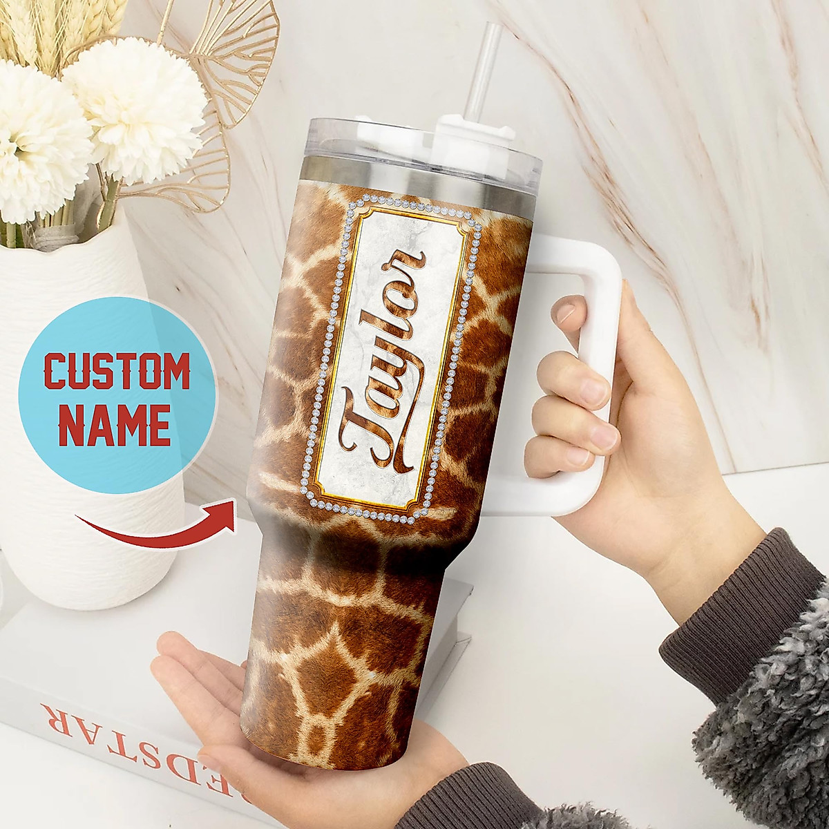 WAZONE Personalized Giraffe Lover Tumbler 40oz with Handle and Straw Custom Name Stainless Steel Insulated Travel Coffee Cup With Lid Cute Animal Lover Gifts For Women Girl on Birthday Christmas