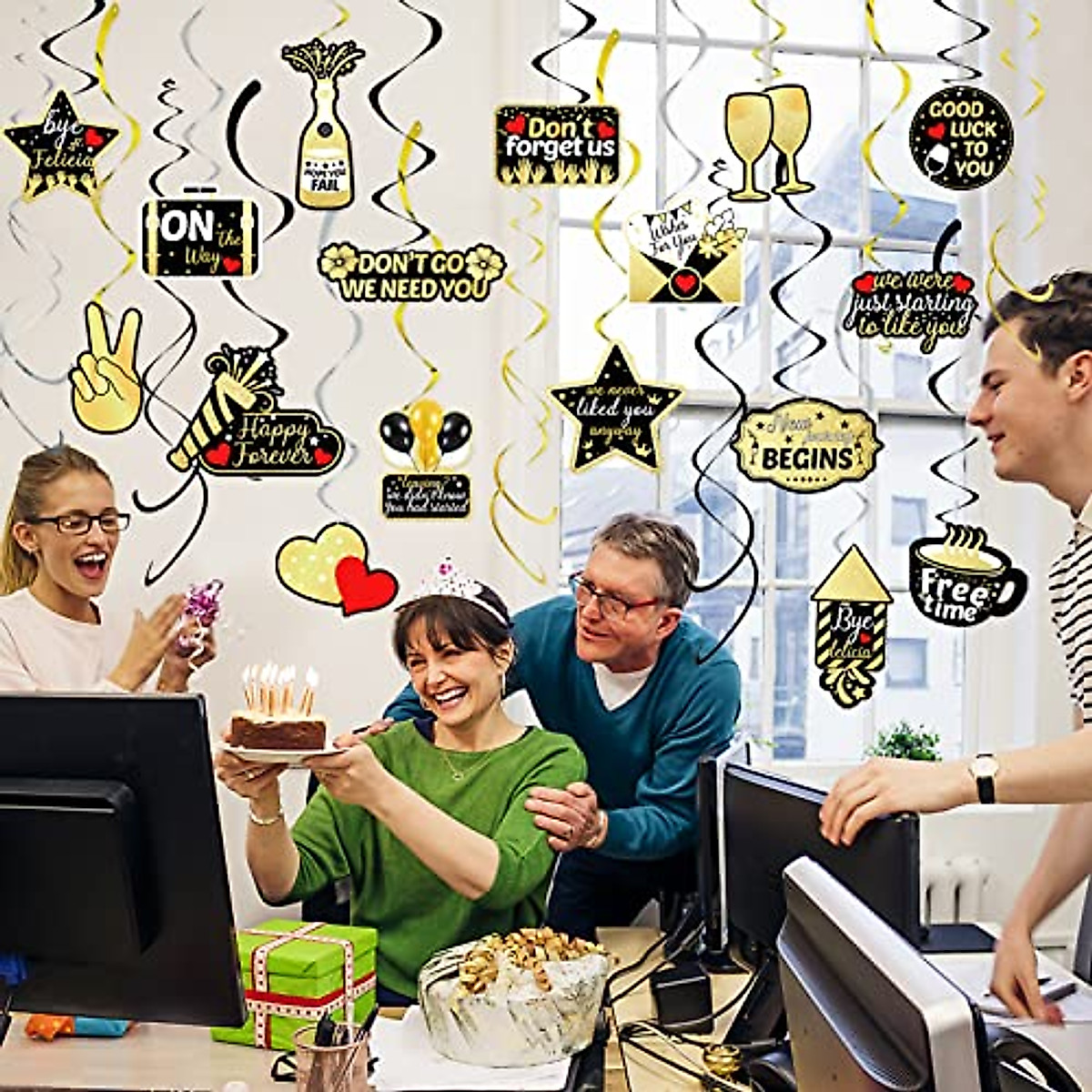 30Pcs Farewell Party Decorations Hanging Swirls Set Black Gold Going Away Party Decorations We Will Miss You Swirls Decor for Goodbye Retirement Office Party Supplies