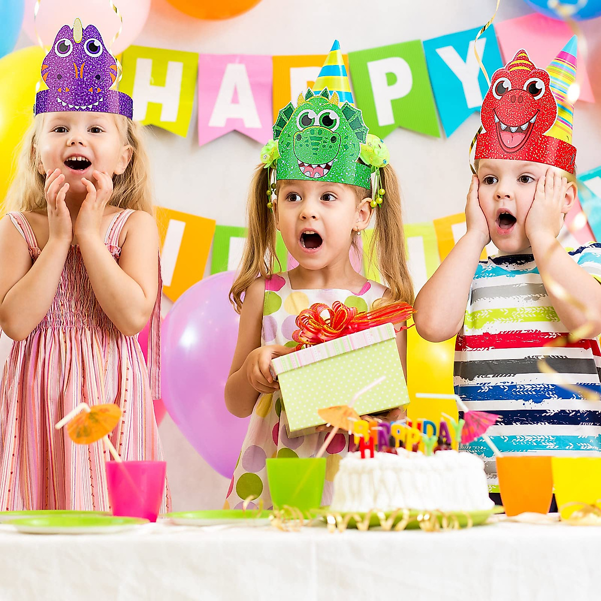 Gersoniel 24 Pcs Dinosaur Birthday Party Hats, Favors, Headbands, and Paper Crowns for Kids - Dinosaur Theme Decoration