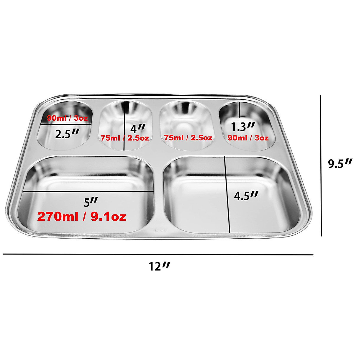 Korean Stainless Steel Divided Plates, Food Grade 304 Tray for Kids, Teens, Adults, Picky Eaters, BPA Free, 6 Sections, Diet Portion Control, Serving Platter, Dinner Snack, Set of 2