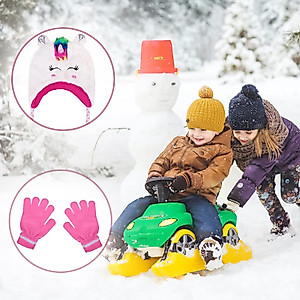 Kids Girls Winter Unicorn Beanie Hat Gloves Set, Boys Girls Warm Fleece Lined Hat Toddler Cute Cat Hat with Earflap for 2-7T