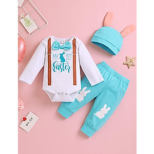 My First Easter Outfit Infant Baby Boy Long Sleeve Bow Tie Romper Bunny Pants with Hat Easter Clothes Sets Blue