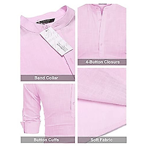 COOFANDY Men's Cotton Linen Henley Shirt Long Sleeve Hippie Casual Beach T Shirts Pink