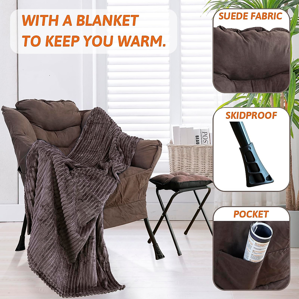 HIGOGOGO Lazy Chair and Folding Footrest Stool Set, Accent Chair for Living Room with Portable Ottoman, Sofa Chair Steel Frame Leisure Bedroom Chair and Anti-Slip Footstool, Brown