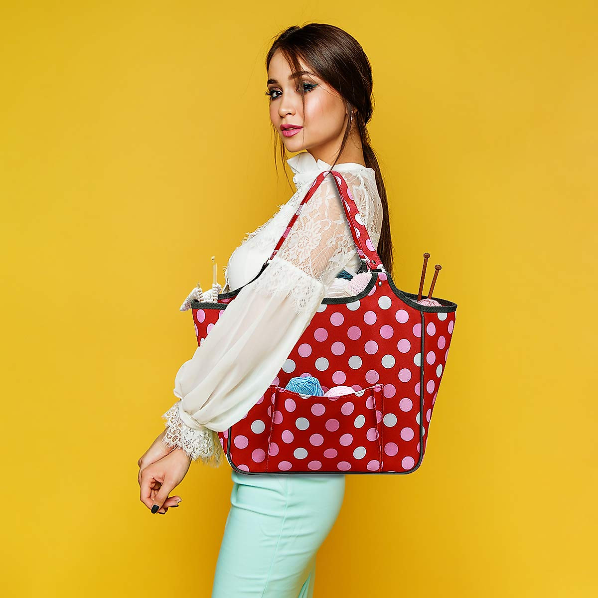 Coopay Yarn Storage Tote Knitting Bag, Large Capacity Yarn Organizer with Oxford Fabric, Crochet Bag Knitting Basket for Unfinished Project, Knitting Needles, Crochet Hook, Skeins of Yarn (Bag Only)