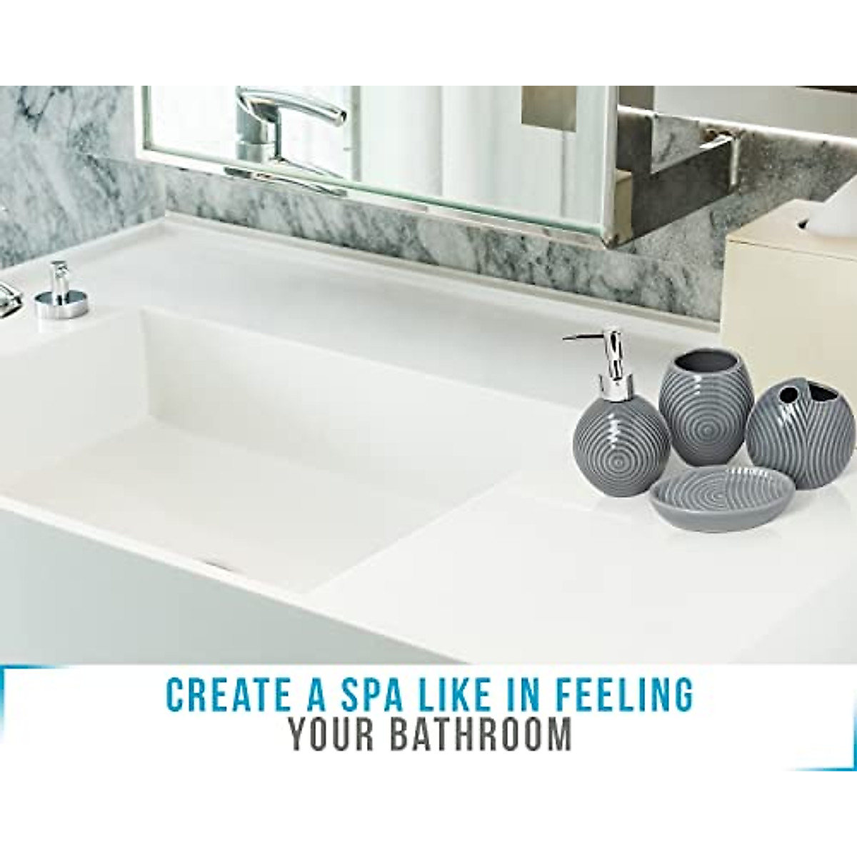 Designer 4-Piece Bathroom Accessory Set – Ceramic Bath Set w/Liquid Soap or Lotion Dispenser, Toothbrush Holder, Tumbler and Soap Dish – Decorative Set w/Embossed Details – Modern Vanity Accessories