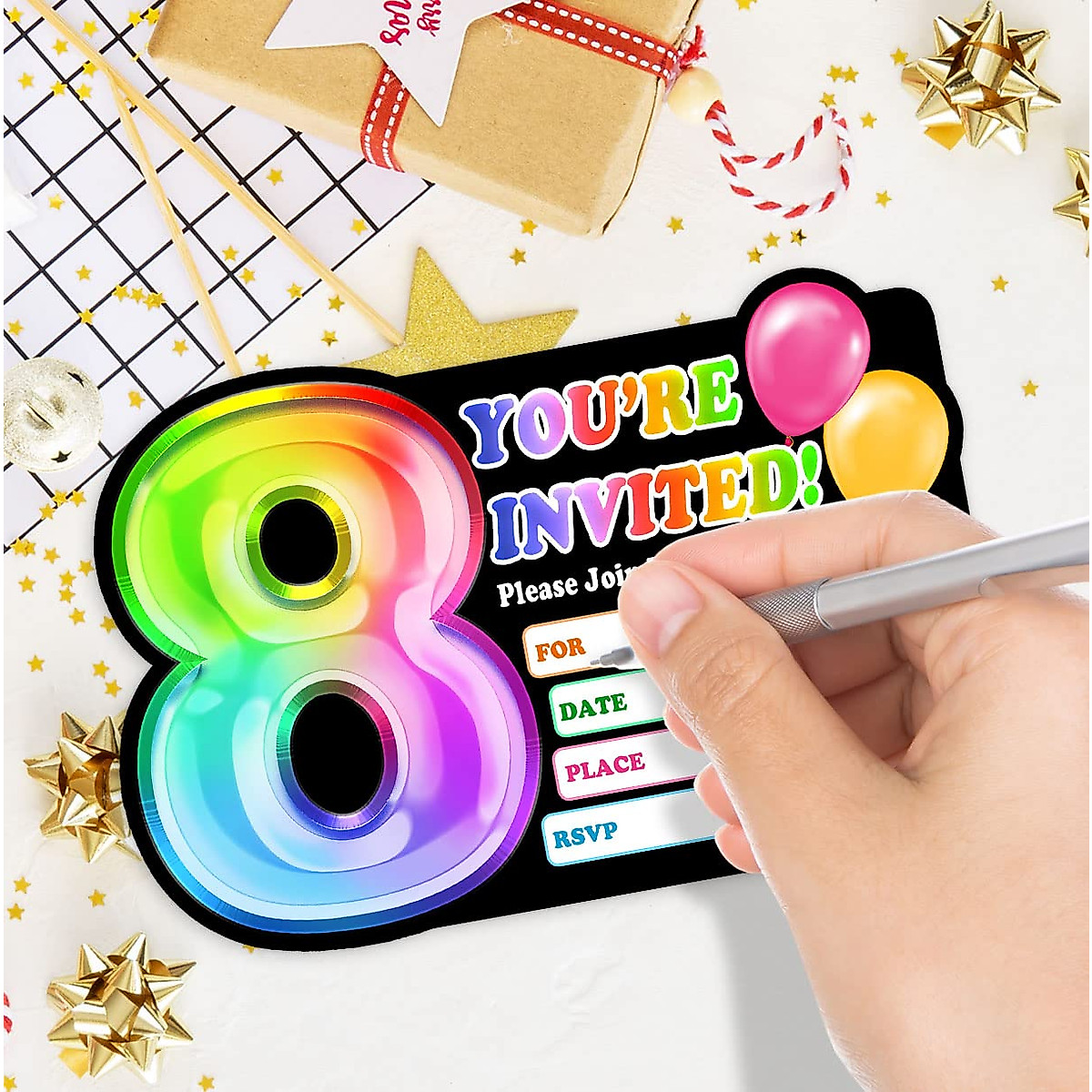 Greatingreat Rainbow Holographic Ballon Invitations with Envelope for 8th Birthday Party Anniversary,Fun Party Invite for Girls Child,Set of 30,4x6 inches