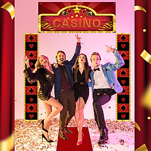 Peryiter 4 Pcs Casino Night Party Entryway Decorations Casino Hanging Banner Poker Welcome Porch Sign Red Carpet for Las Vegas Game Casino Themed Birthday Party Supplies Photo Background