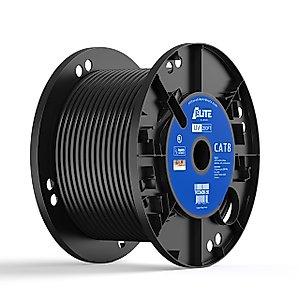 Elite Cat8 250ft Outdoor/Indoor Cable, UV Resistant, 40Gb, 2000MHz, CMR/Riser + UV/Outdoor, High Speed, Pure Solid Copper, Easy Pull Reel, Black
