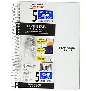 Five Star Spiral Notebook, 5 Subject, College Ruled Paper, 180 Sheets, 9-1/2" x 6" Sheet Size, Assorted Colors (06184)