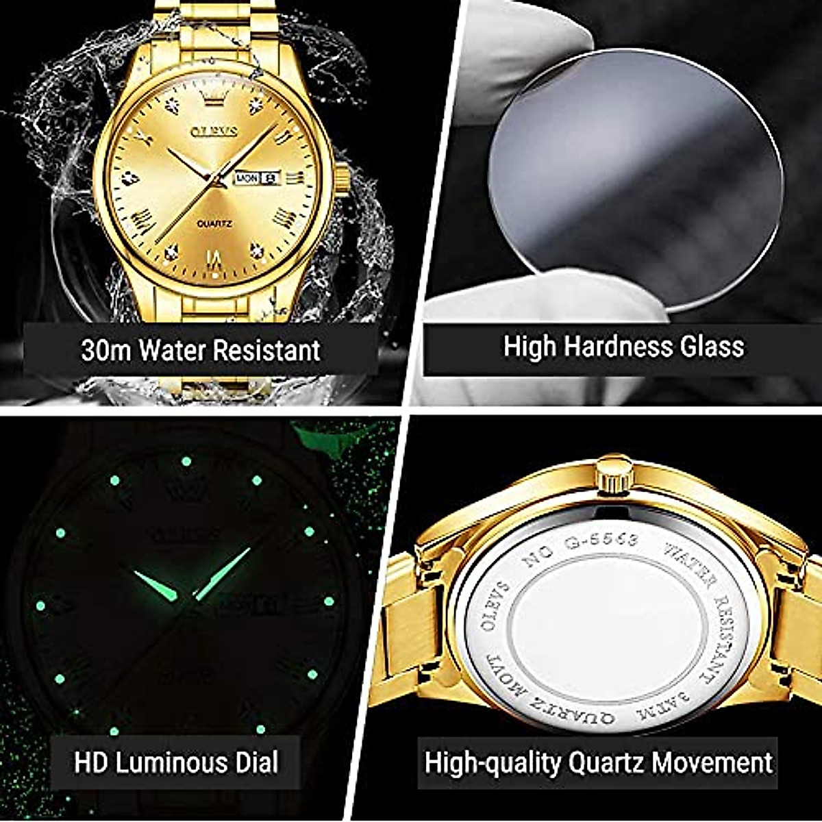 OLEVS Gold Watch for Men, Big Face Stainless Steel Watch, Easy to Read Analog Quartz Watch with Day Date, Waterproof Luminous Men's Dress Wrist Watch