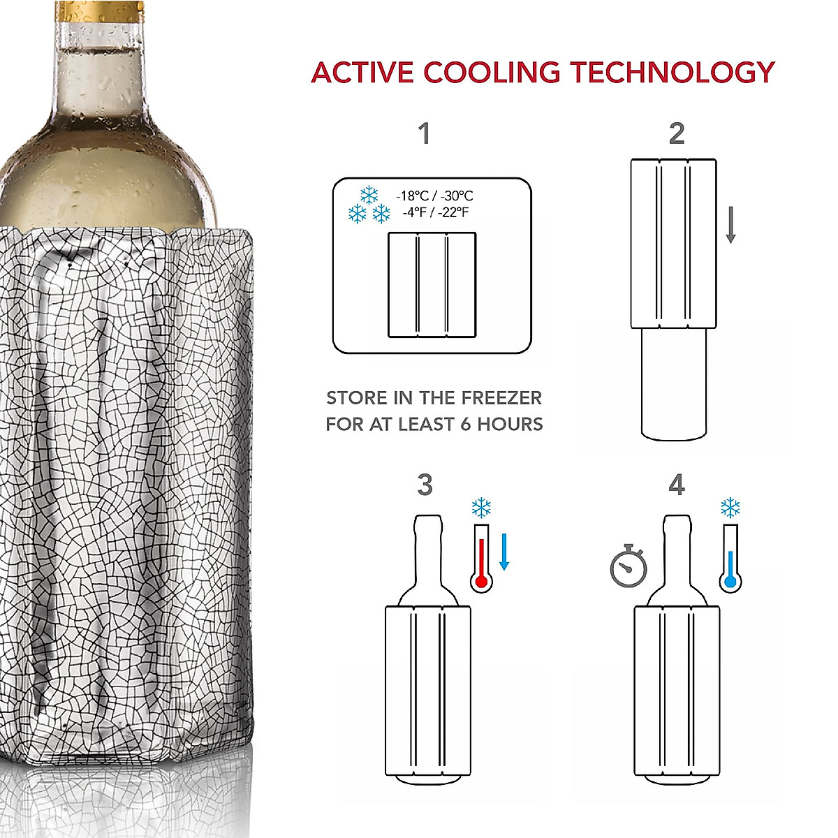 Vacu Vin Active Cooler Wine Chiller - Reusable, Flexible Wine Bottle Cooler - Silver - Wine Cooler Sleeve For Standard Size Bottles - Insulated Wine Bottle Chiller to Keep Wine Cold and Refreshing