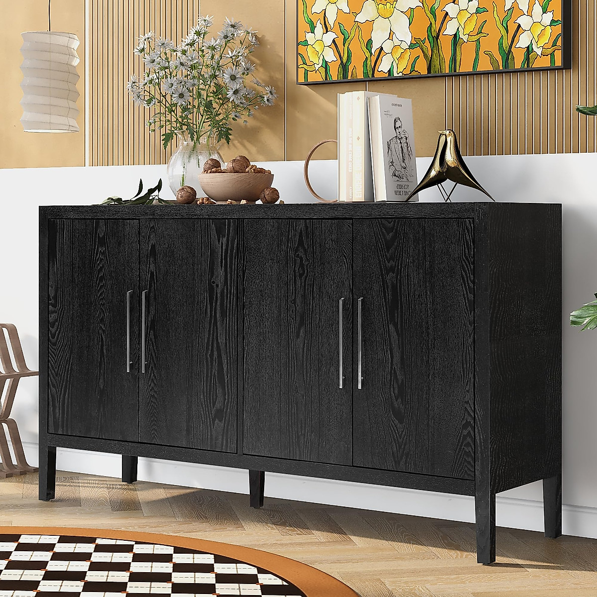 Merax Wood Sideboard Buffet Cabinet with Storage, 4 Door Farmhouse Cupboard w/Adjustable Shelves, Console Table for Kitchen, Dining/Living Room, Black