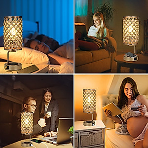 Neoglint Crystal Table Lamp - Gold Bedside Lamps with USB Port & Wireless Charger, Modern 3 Way Dimmable Nightstand Touch Lamps for Bedrooms Living Room(6W Bulb Included)