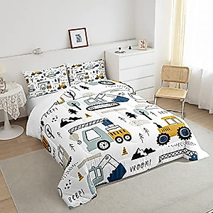 Cartoon Car Kids Comforter Set Construction Bedding Set Decor Equipment Trucks Comforter Cartoon Car Excavator Tractor White Yellow Duvet Set Bedroom Quilt Set 3Pcs Full