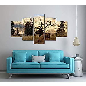 Nature Calligraphy Animal Scenery Elk Wall Art Deer Canvas Hunting Wall Decor Deer Decor for Living Room Wall Decor Deer Wall Art Deer Pictures Large 5 Panel Printed Painting Framed [60''W x 32''H]