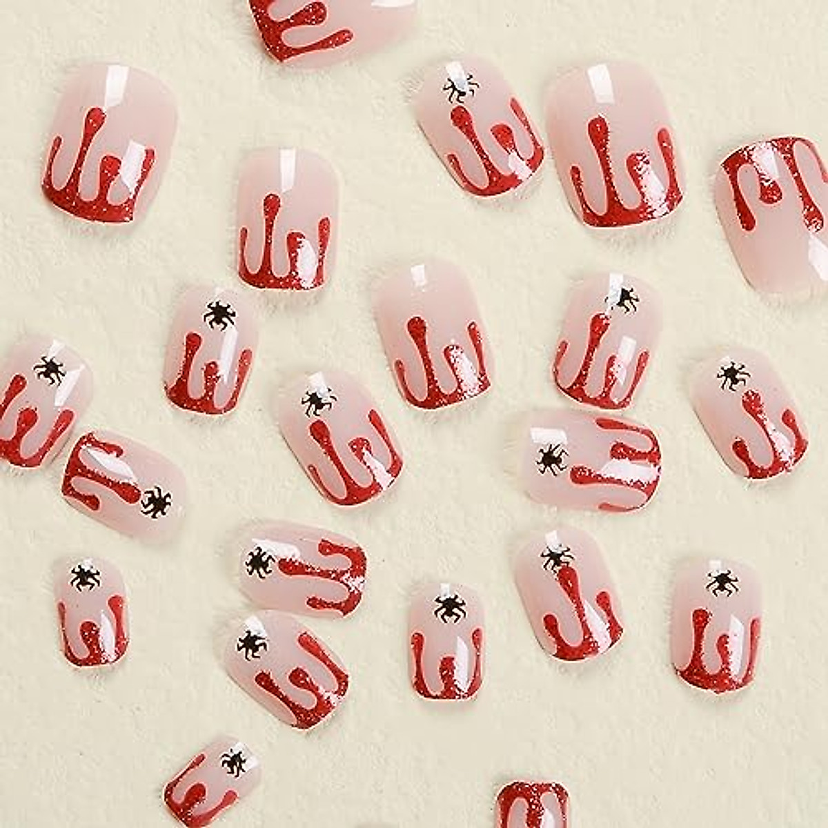 Halloween Short Press on Nails Square Fake Nails Red Glitter Blood Nail Tip Designs Stick on Nails with Spider Nude Acrylic Nails Short Halloween Fake Nails for Women 24Pcs