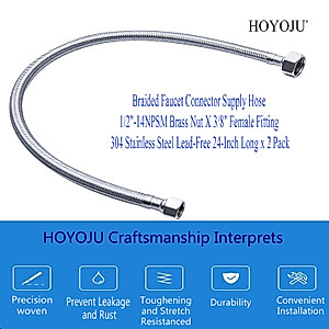 Braided Faucet Connector Supply Hose 1/2"-14NPSM Brass Nut X 3/8 Female Fitting Stainless Steel Lead-Free 24-Inch Long x 2 Pack